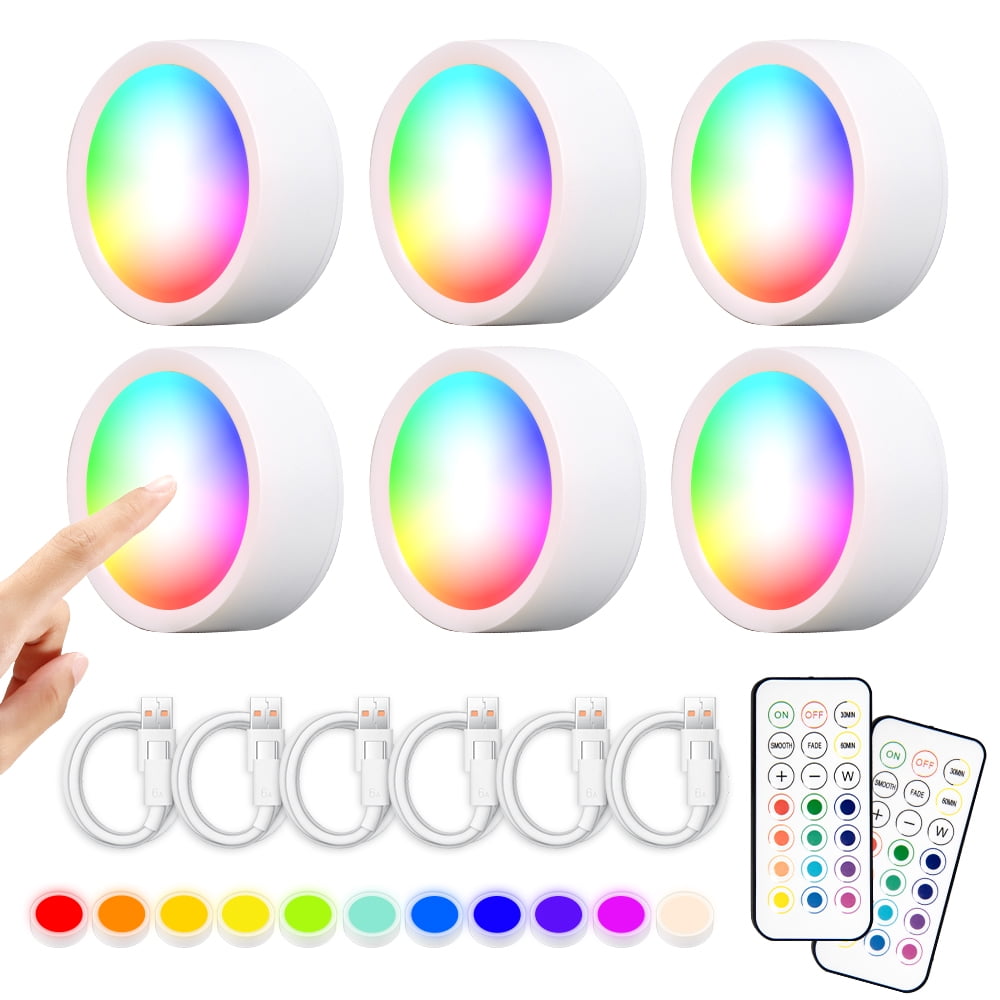 Thundoo Rechargeable Puck Lights with Remote Battery Operated RGB LED ...