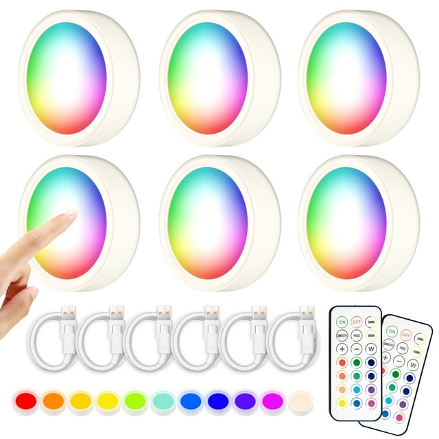 Thundoo Rechargeable Puck Lights with Remote Battery Operated RGB LED ...