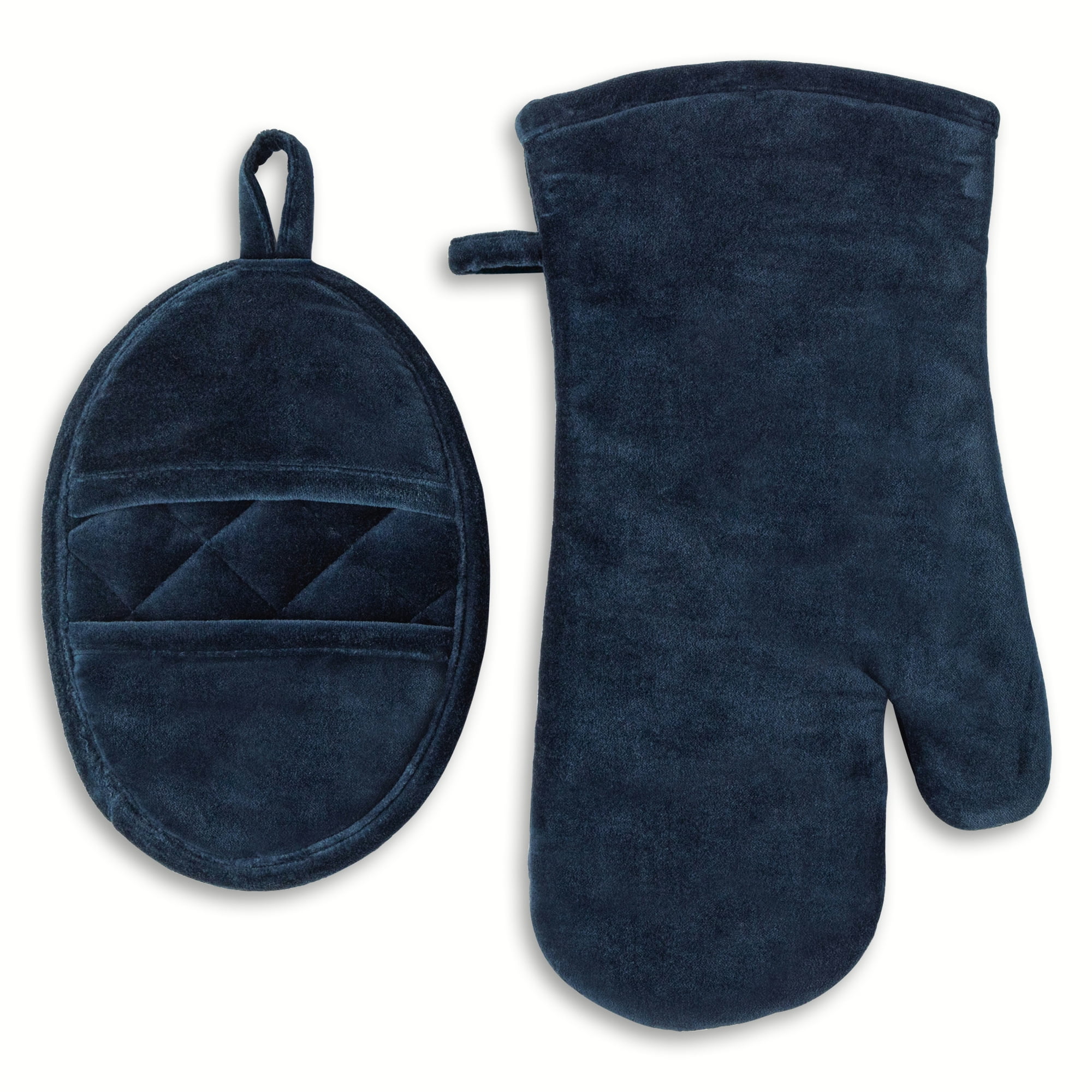 Thyme & Table Velvet Potholder and Oven Mitt Set Blue Elegant Kitchen ...