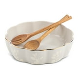 Thyme & Table 3-Piece Stoneware & Acacia Wood Serving Bowl Set, Harvest, Durable, Microwave and ...