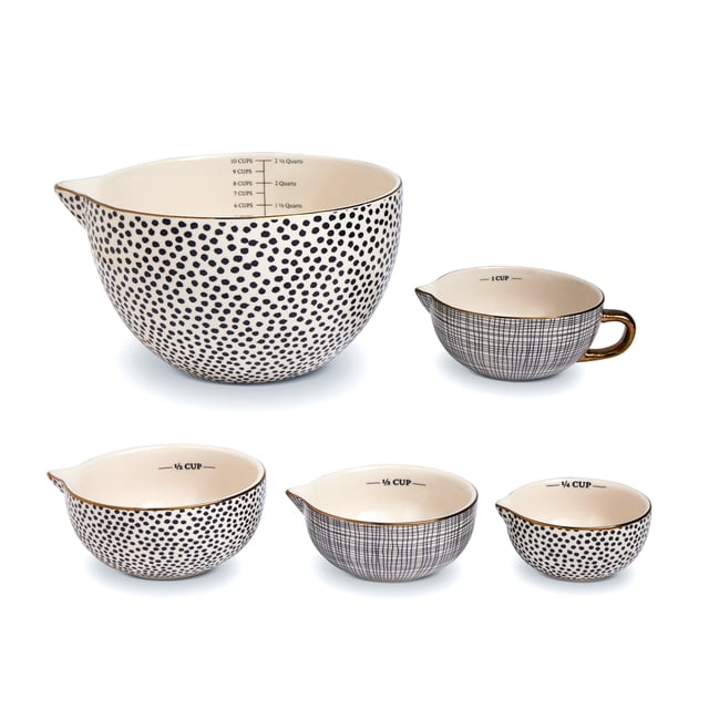 Thyme & Table, 5-Piece Ceramic Mixing Bowl and Measuring Bowl Set, Dot ...
