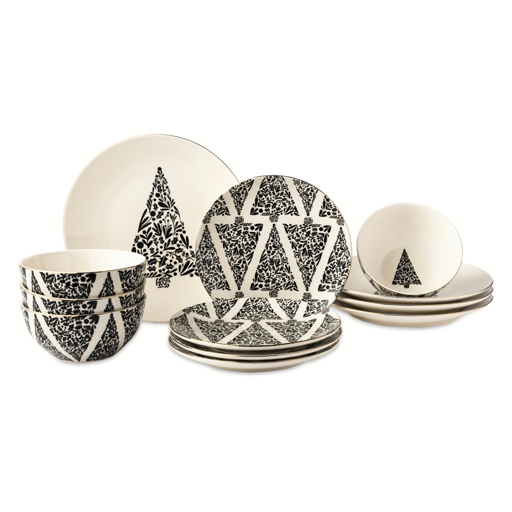 Thyme & Table Holiday Tree 12-Piece Ceramic Dinnerware Set - Cream ...