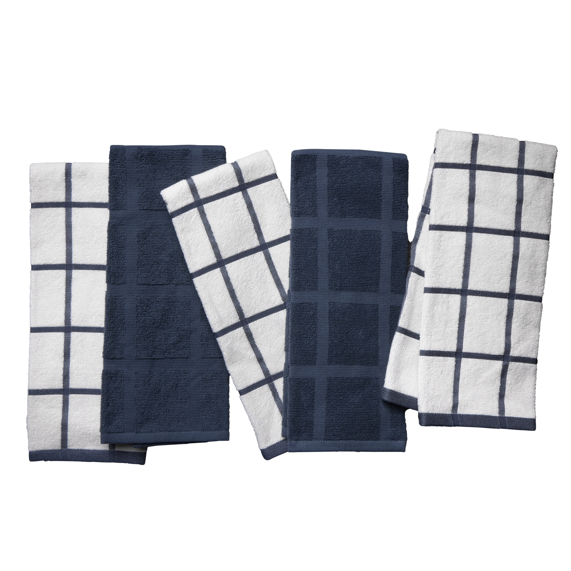 Thyme & Table Navy Windowpane Kitchen Towels 5 Pack Cotton Absorbent ...