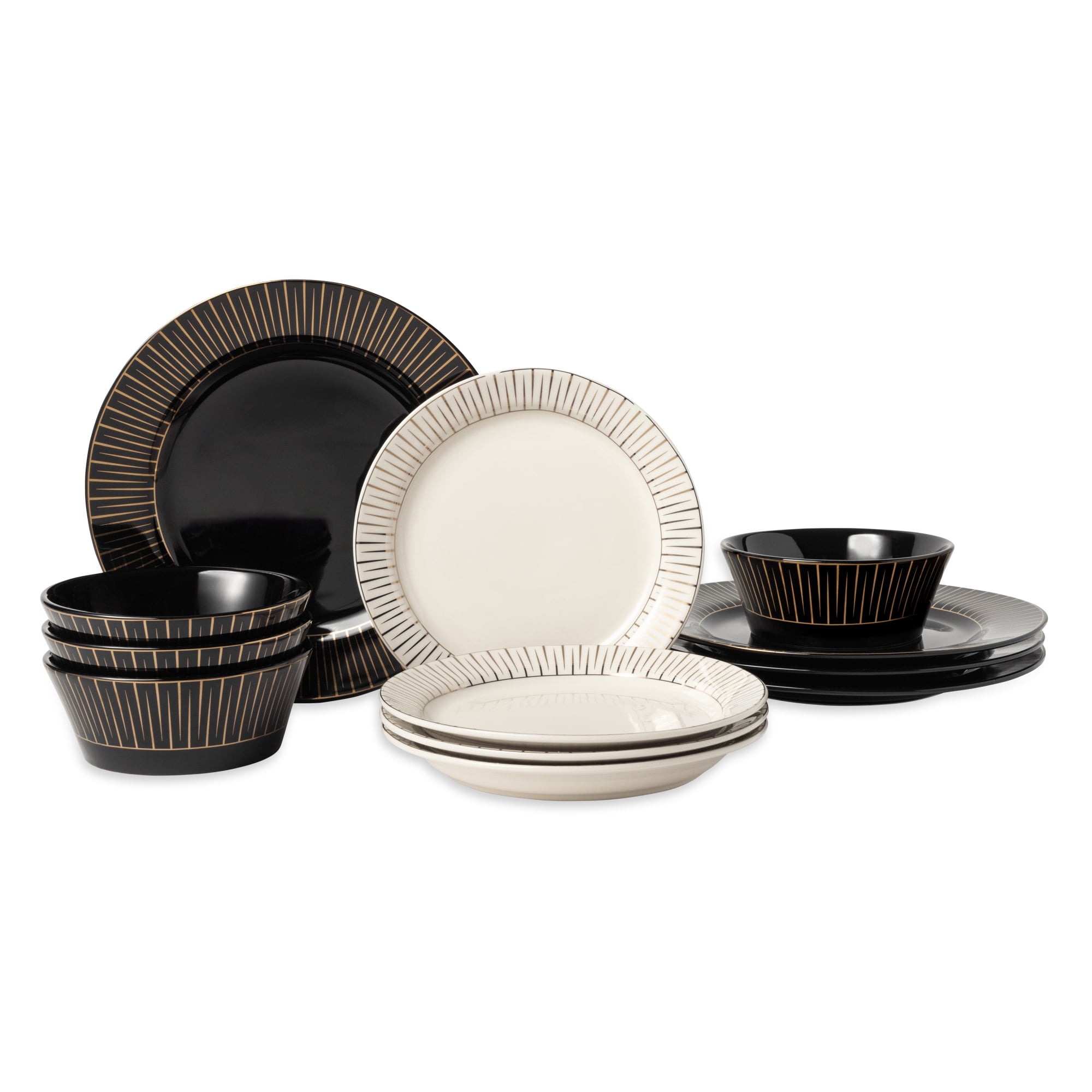 Free Shipping! Thyme & Table Maison 12-Piece Ceramic Dinnerware Set Black and Cream with Gold ...