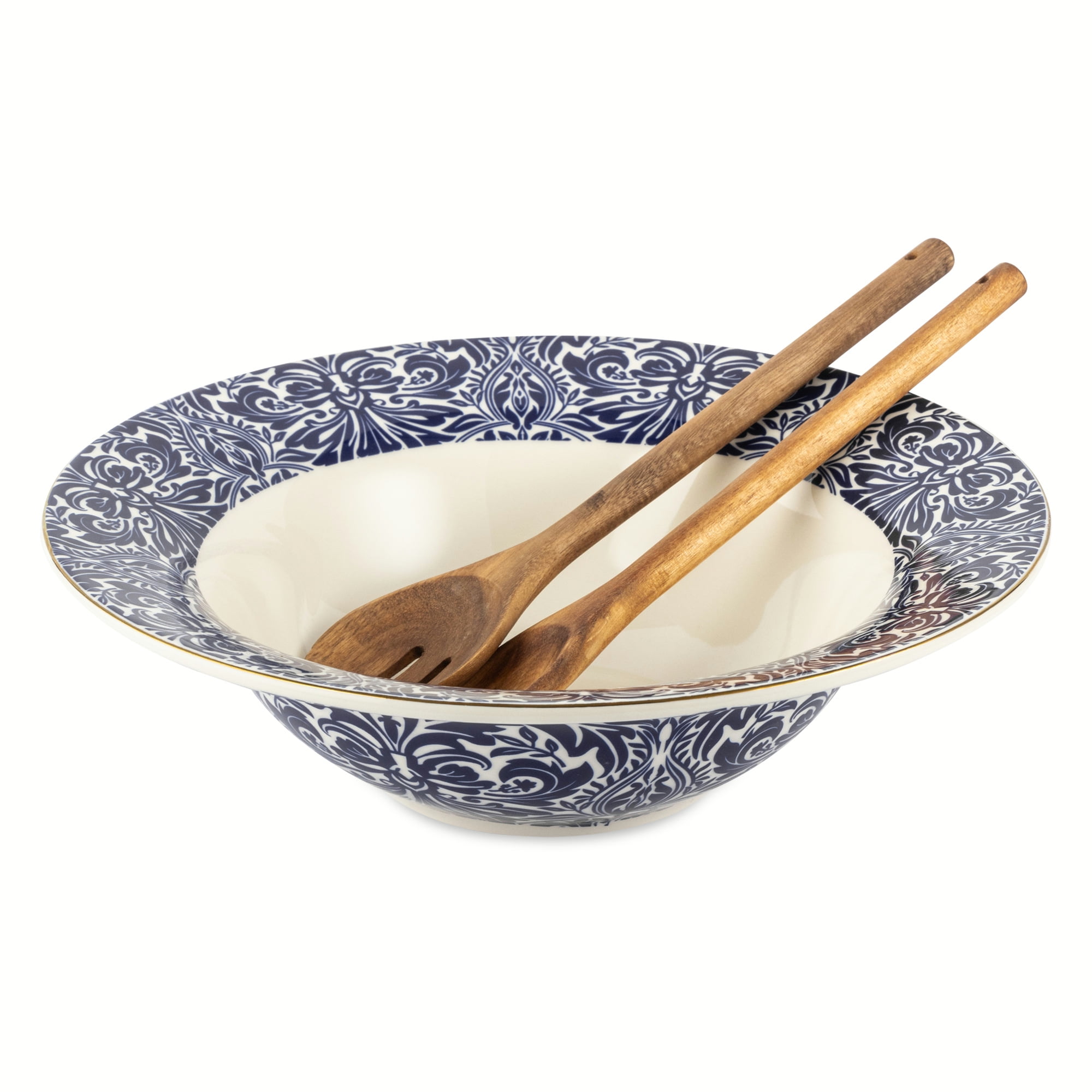 Thyme & Table Nova Ceramic 3-Piece Serve Bowl Navy and White with Wood ...