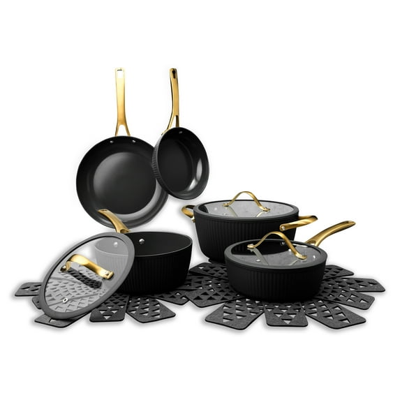 Thyme & Table 12-Piece Nonstick Signature Ribbed Cookware Set, Pots and Pans Set - Black & Gold ...