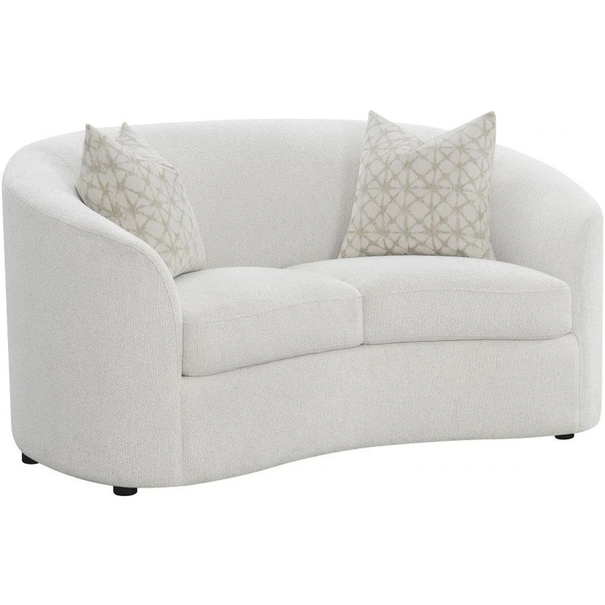 Tia 66 Inch Modern Curved Loveseat 2 Throw Pillows Cream Boucle Fabric