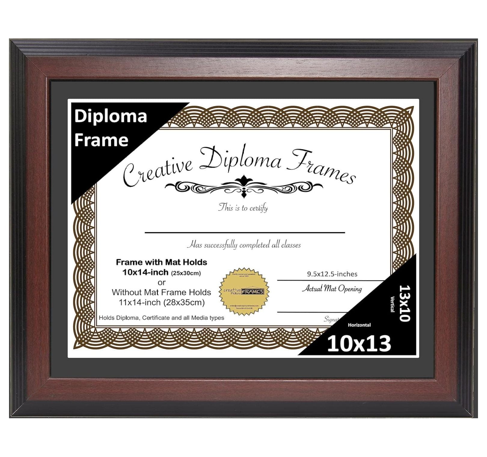 TiaGOC 10x13 Mahogany Finish Diploma Frame with Black Matting Holds 10 ...