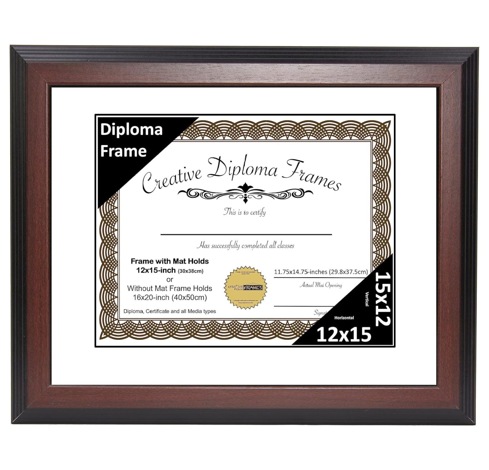 TiaGOC 12x15 Mahogany Finish Diploma Frame with White Matting Holds 12 ...