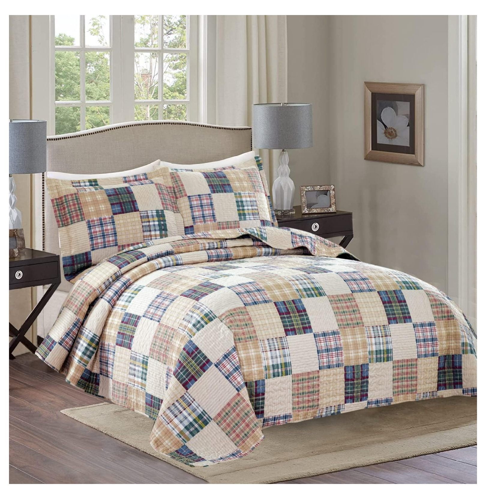 TiaGOC Beige Plaid Quilt Set Full/Queen Size Patchwork Quilts Bedding ...