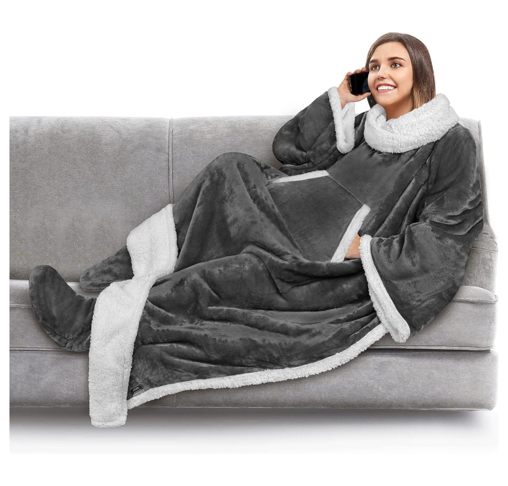 TiaGOC Blanket with Sleeves and Foot Pocket Women Men Adult, Fleece ...