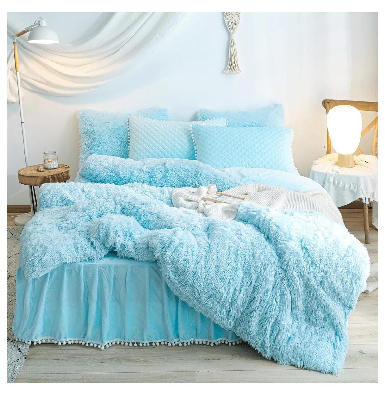 TiaGOC Blue Fluffy Comforter Cover Set ，Faux Fur Light Blue Bed ...