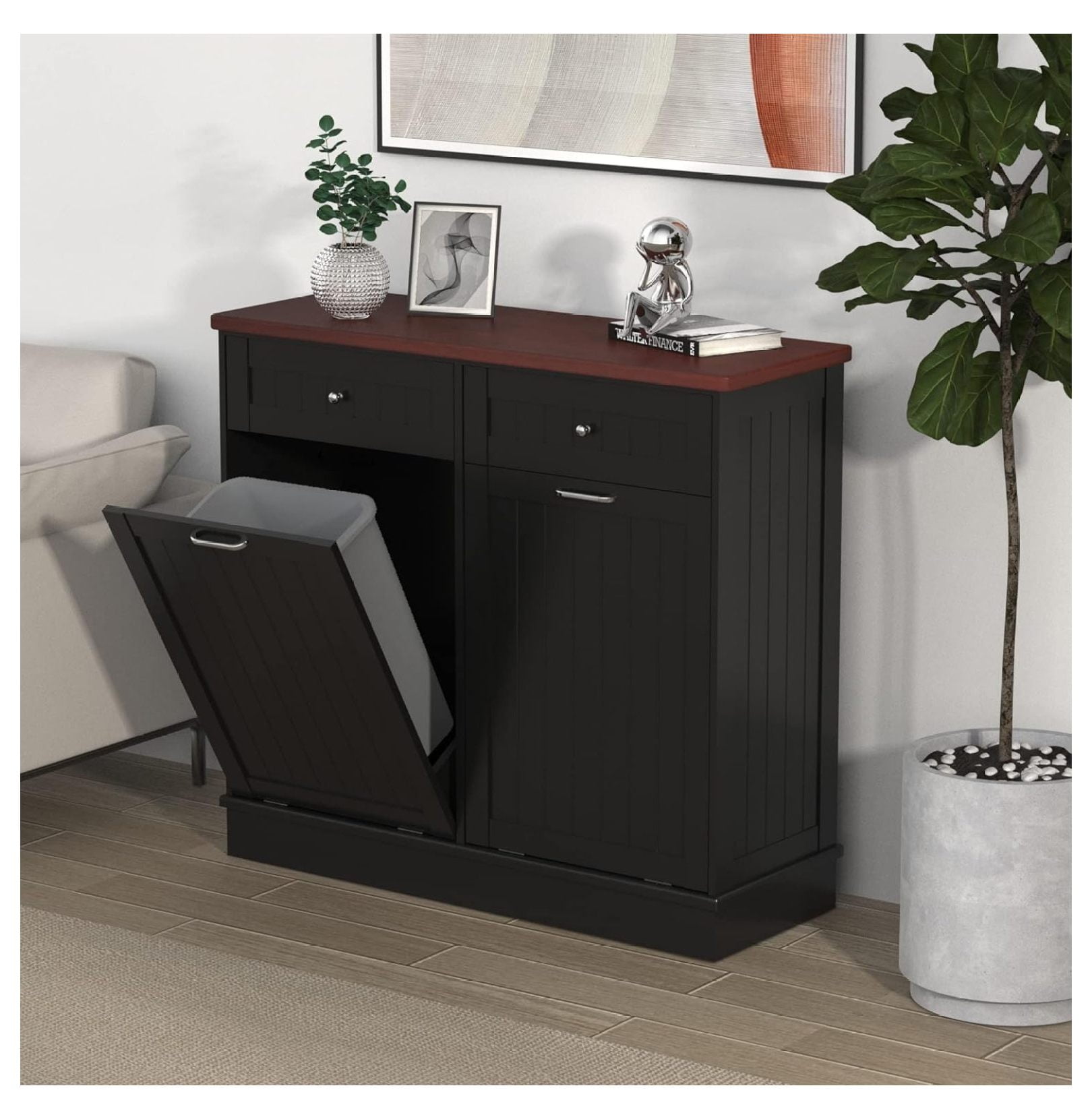 TiaGOC Double Tilt Out Trash Cabinet 10 Gallon Wooden Standing Laundry ...