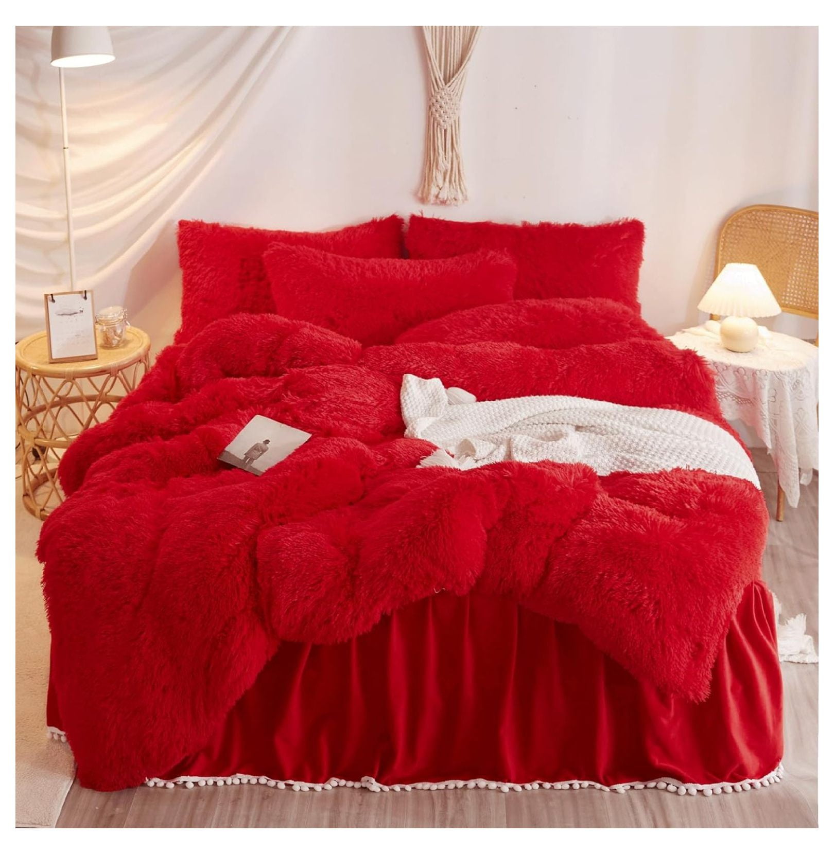 TiaGOC Fluffy red Comforter Cover Set Queen，Plush red Bedding Set 3 ...