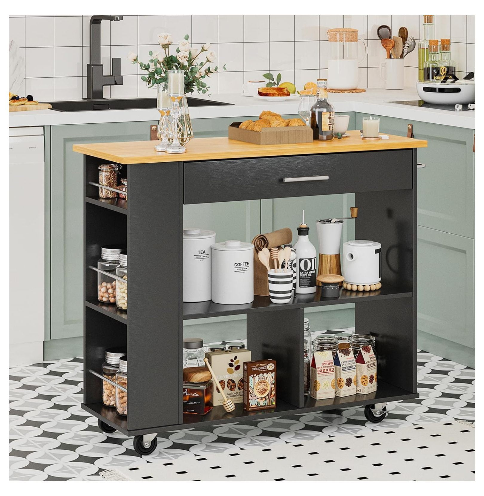 TiaGOC Kitchen Island on Wheels with Storage Cabinet, Rolling Cart ...