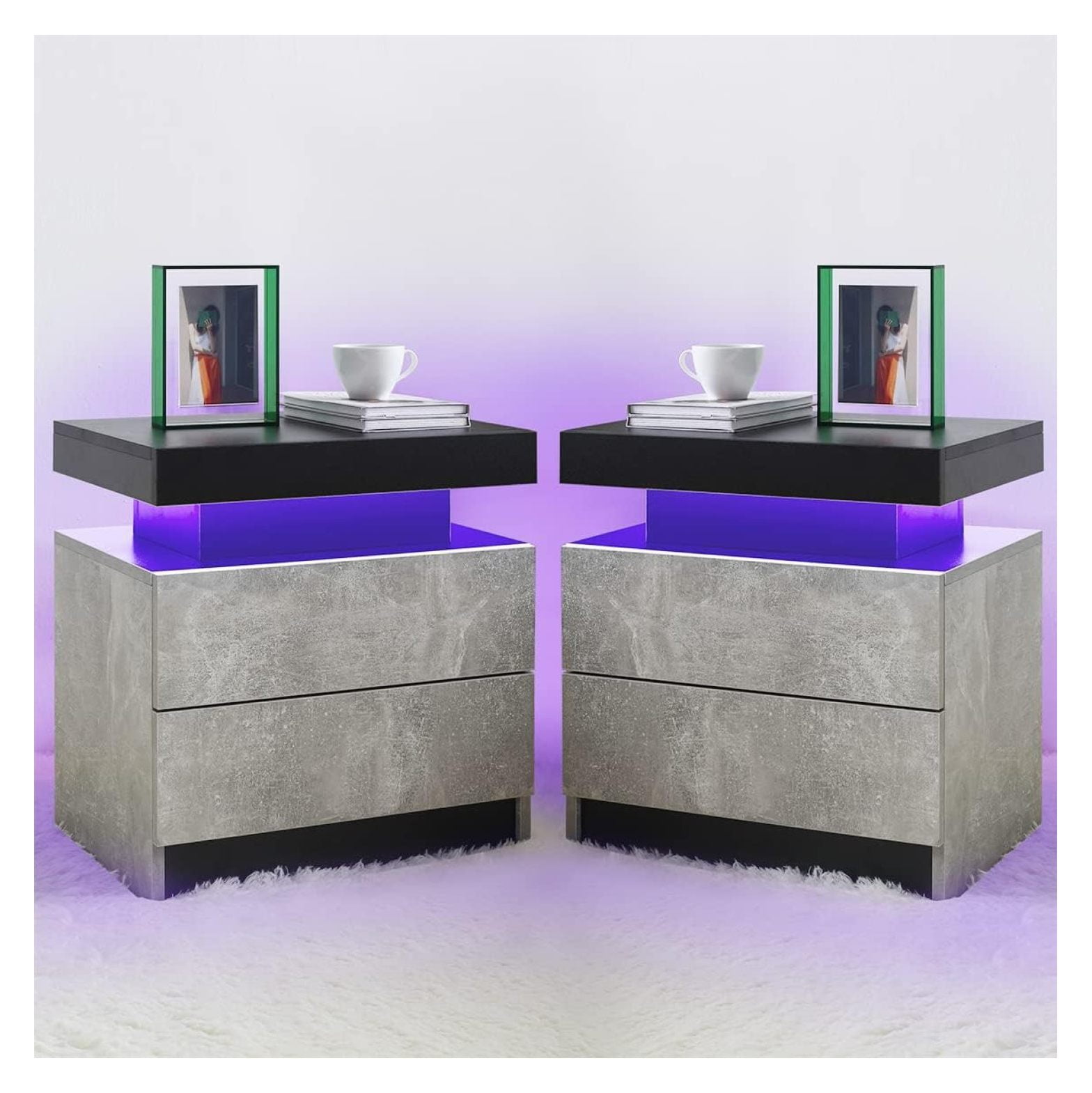 TiaGOC Nightstand Set of 2 LED Nightstand with 2 Drawers, Bedside Table ...