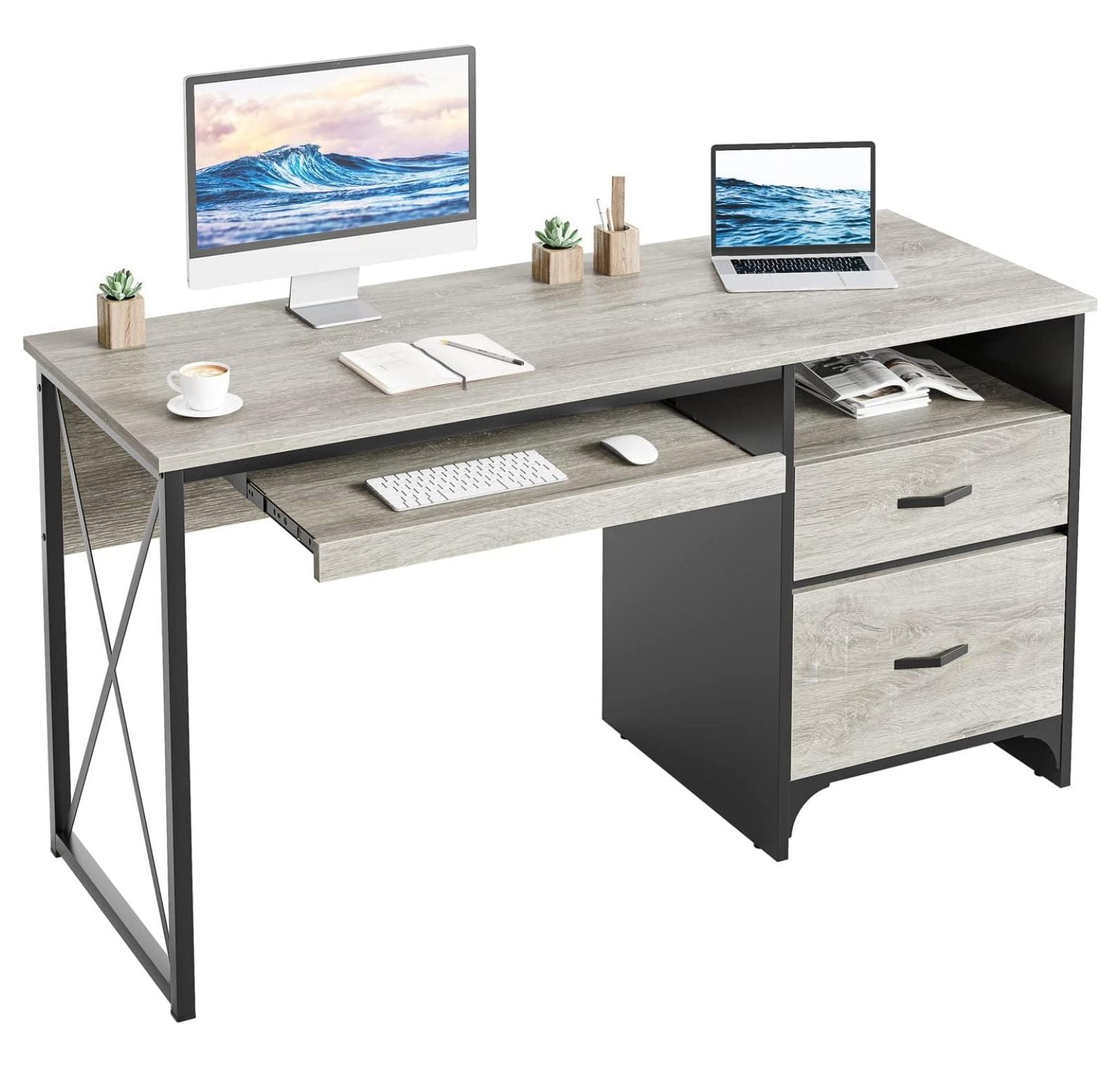 TiaGOC Office Desk with Drawers, 55 inch Industrial Computer Desk with ...