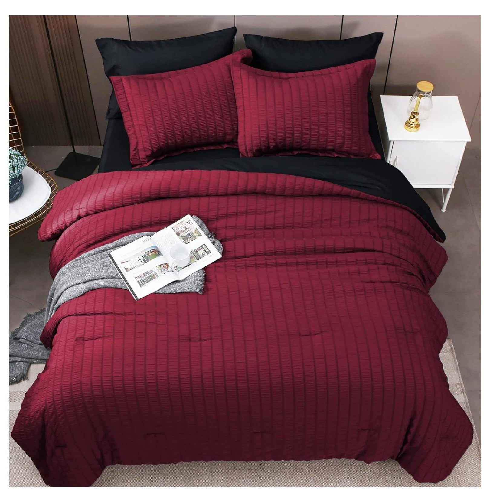 TiaGOC Red & Black California King Comforter Set Seersucker 7 Pieces ...