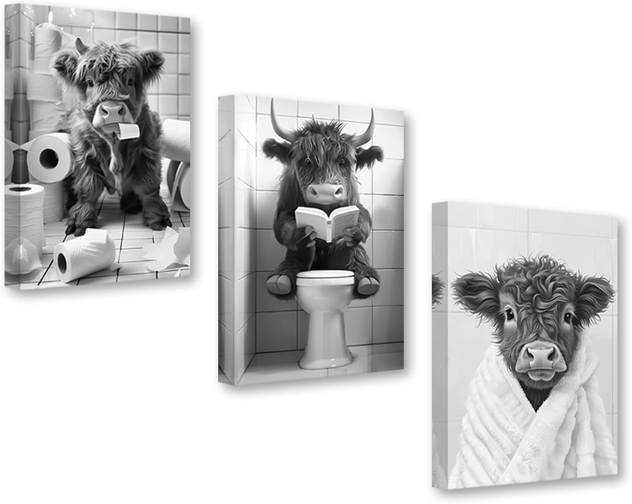 Tian Highland Cow Bathroom Wall Art Funny Animal Canvas Prints 3 Pieces ...