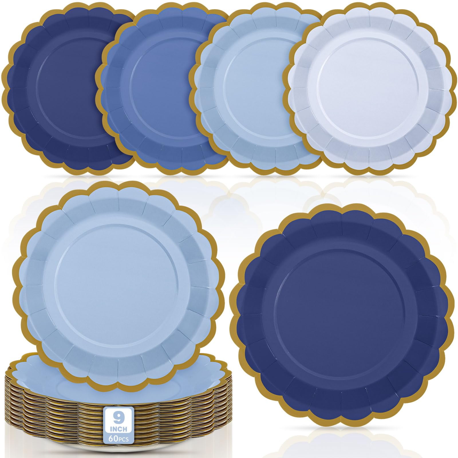 Tiangrid 60 Pcs Gradient Blue Paper AFN1Party Plates 9 Inch Scalloped ...