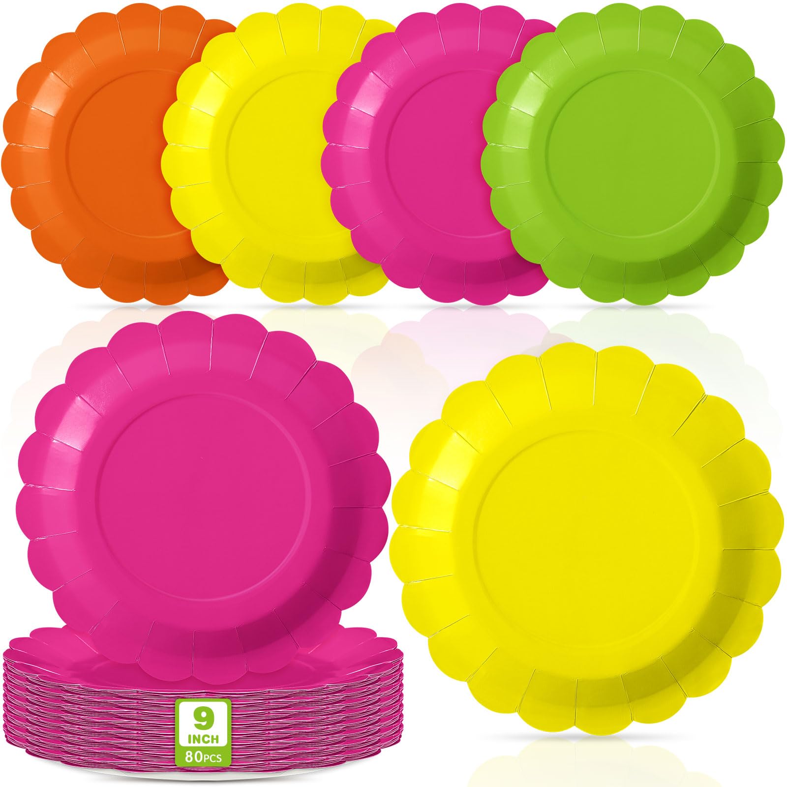 Tiangrid 60 Pcs Neon IFF17 Paper Plates 9 Inch Neon Scalloped ...