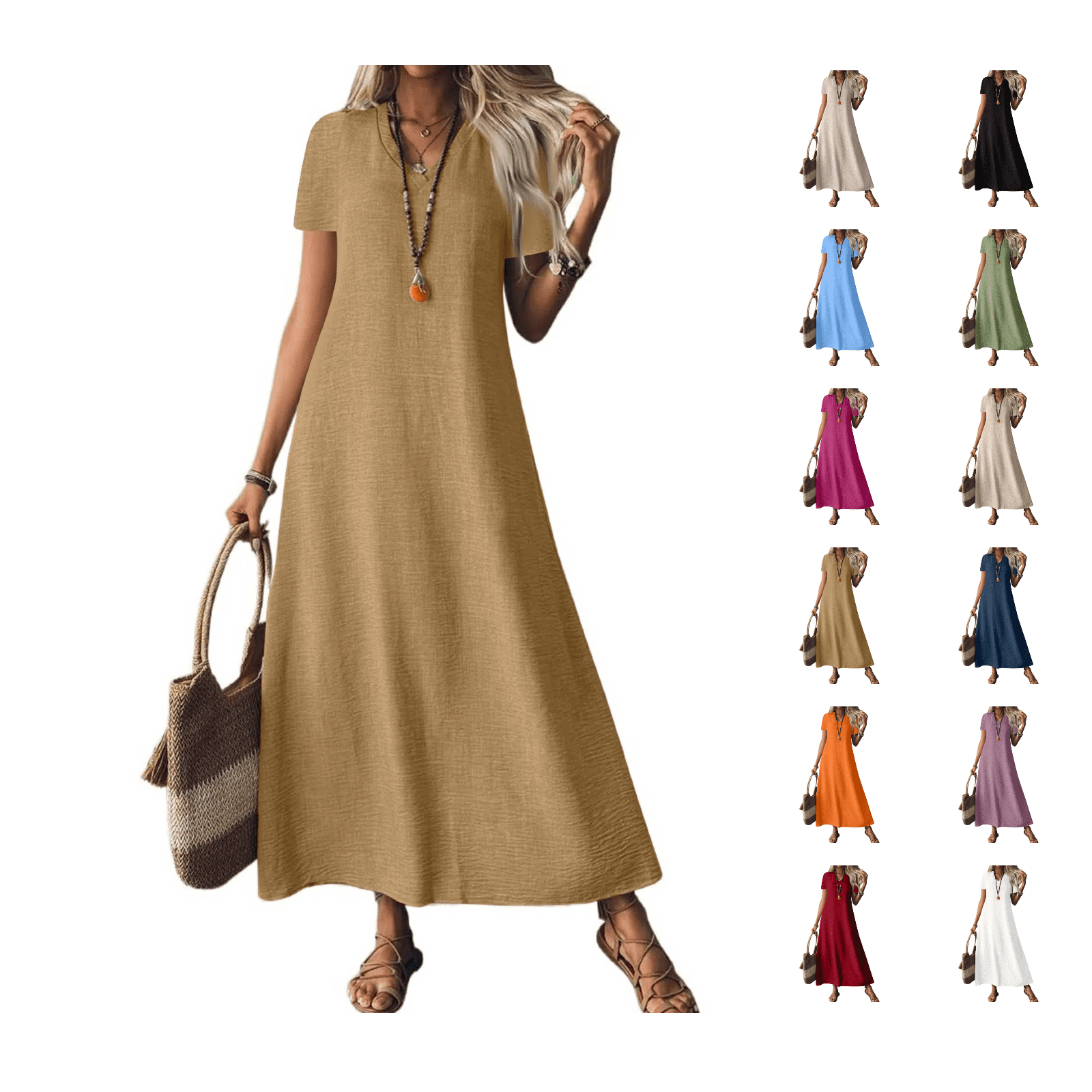 Tianiyouqing Linen Lightweight Maxi Dress for Women Short Sleeve V Neck ...
