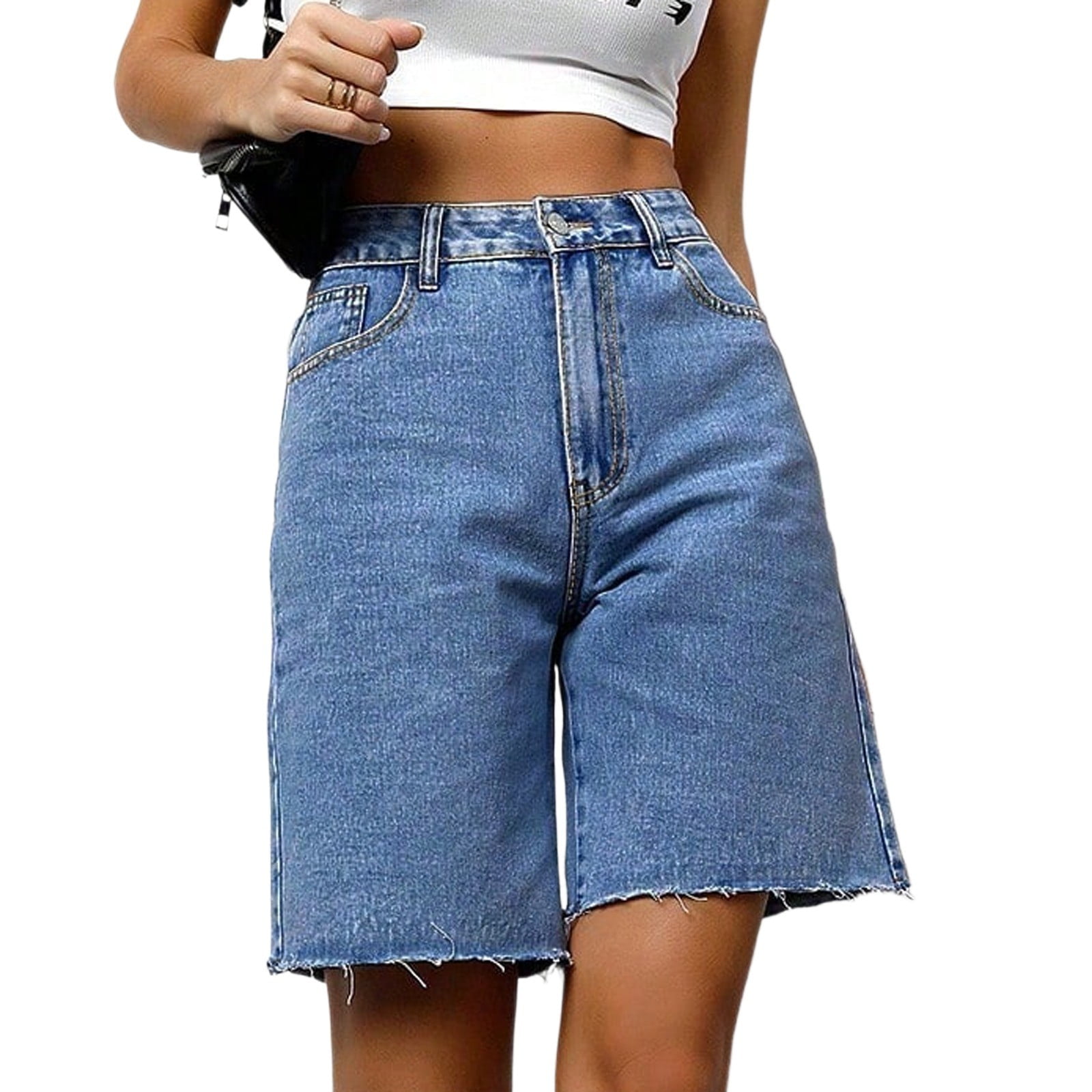Tianiyouqing Long Jean Shorts for Women Vintage Raw Hem Wide Leg High ...