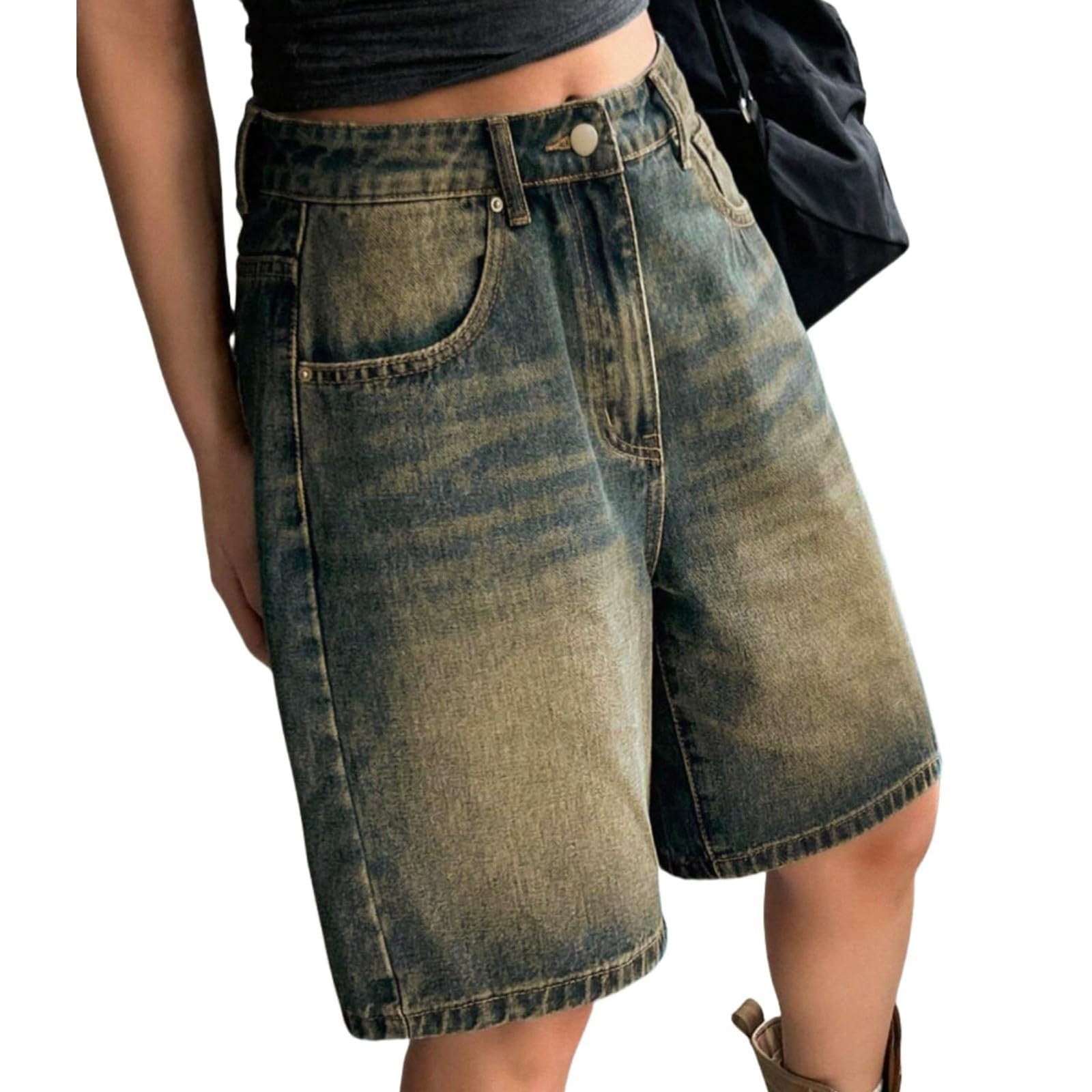 Tianiyouqing Women's Long Jean Shorts Knee Length Wide Leg Vintage ...