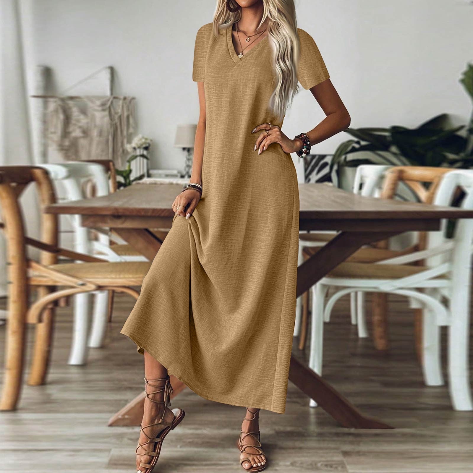 Tianiyouqing Womens Linen Maxi Comfy Dresses V Neck Zip Up Flowy Going ...