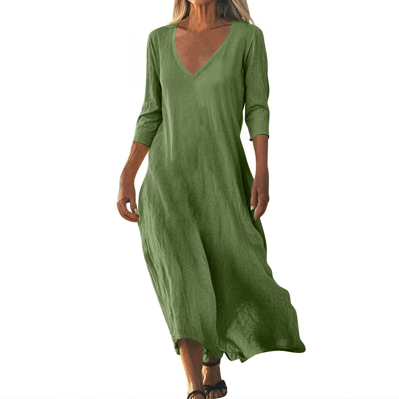 Tianiyouqing Womens Linen Maxi Dresses Elbow Length Half Sleeve ...