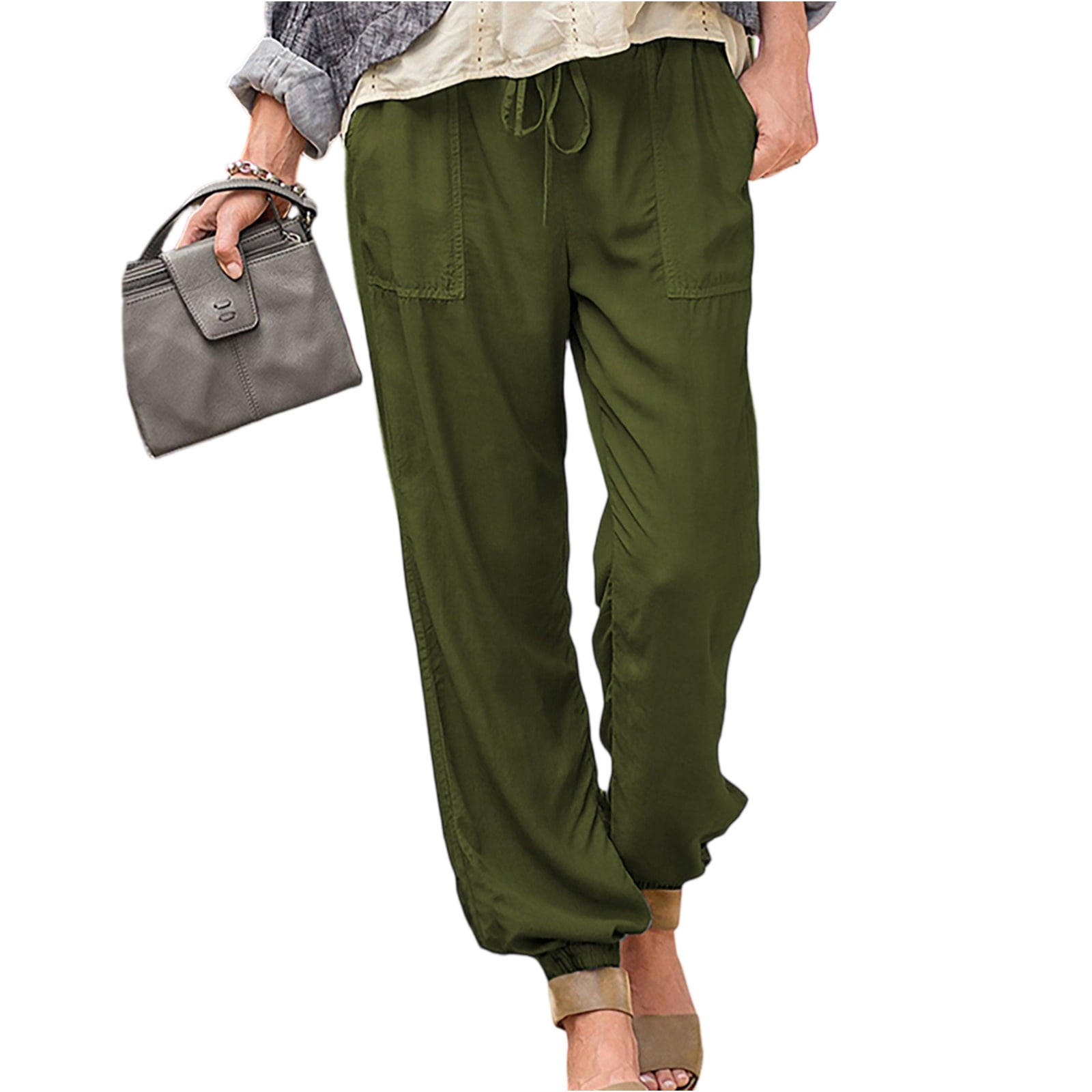 Tianiyouqing Womens Linen Pants with Pockets High Waisted Elastic Waist ...