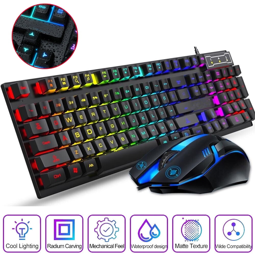 Tianlaimei Wire Gaming Keyboard & Mouse Combo USB RGB Rainbow Backlit ...