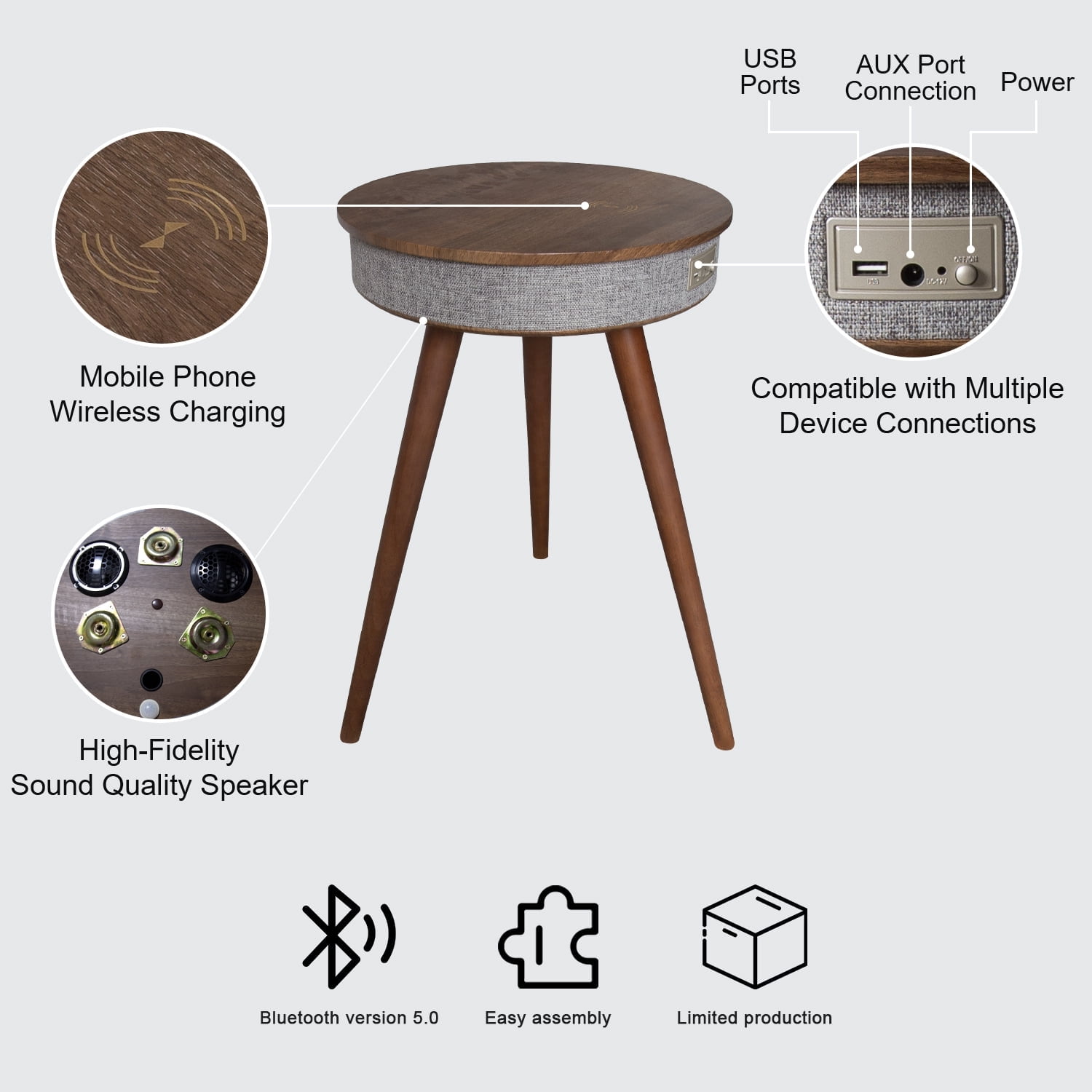 Tianyi Smart Music Coffee Table Round Smart End Table, Bluetooth Side ...
