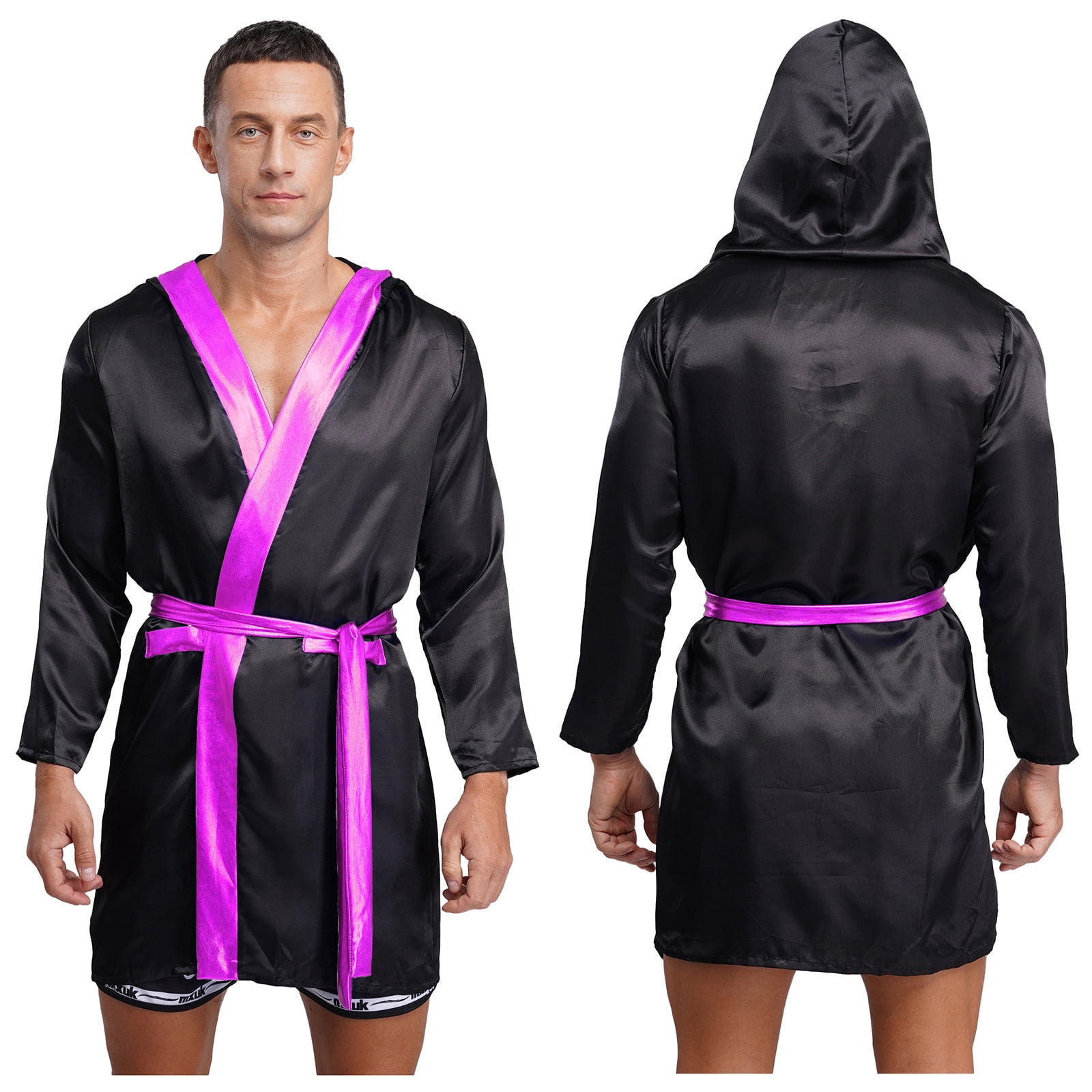 TiaoBug Adult Mens Boxer Hooded Robes Satiny Shiny Long Sleeve ...