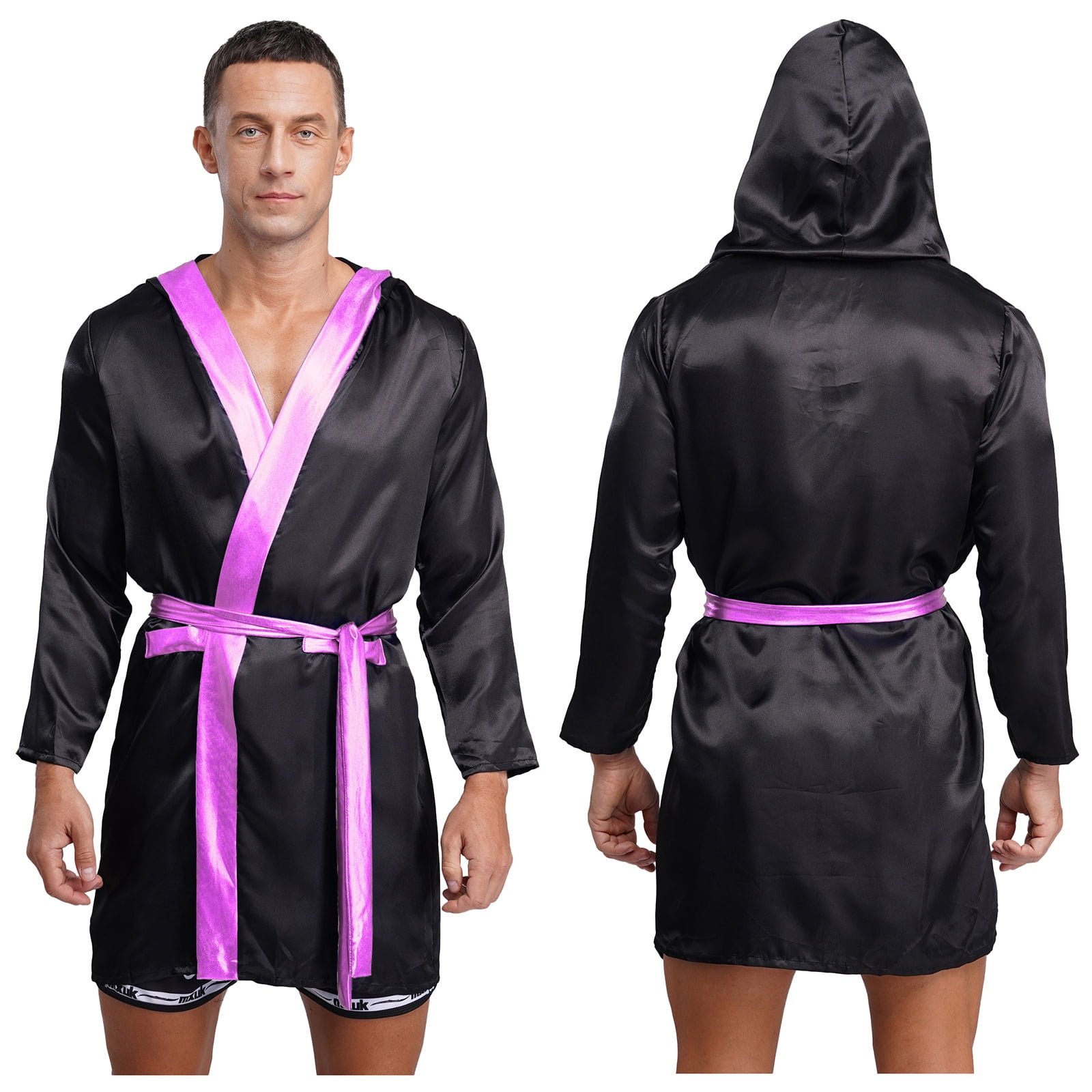 TiaoBug Adult Mens Boxer Hooded Robes Satiny Shiny Long Sleeve ...