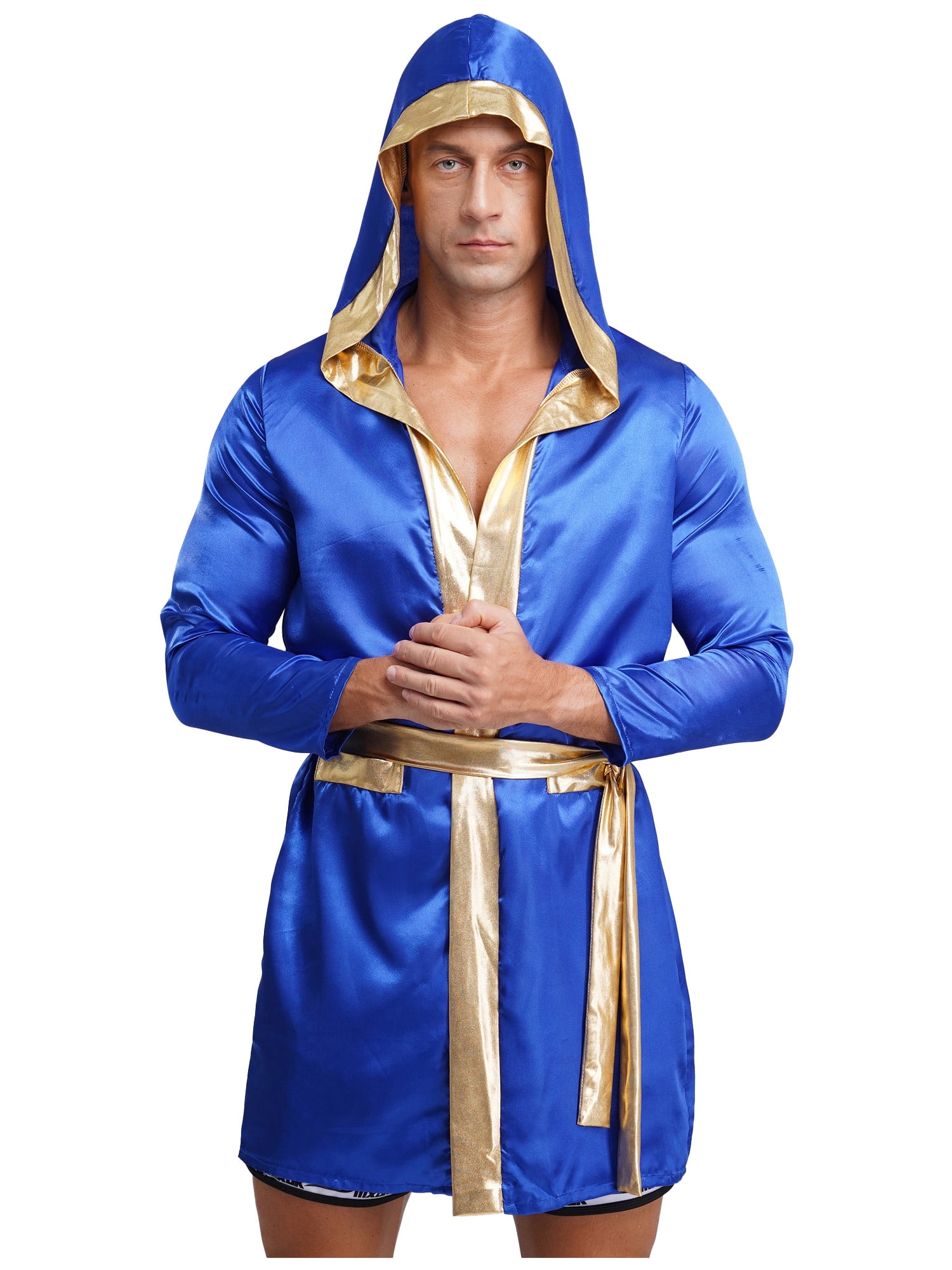 TiaoBug Adult Mens Boxer Hooded Robes Satiny Shiny Long Sleeve ...