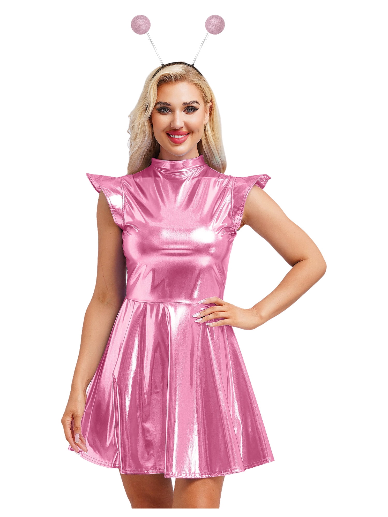 TiaoBug Alien Outfits for Women Shiny Metallic Fly Sleeve A-line Flare ...