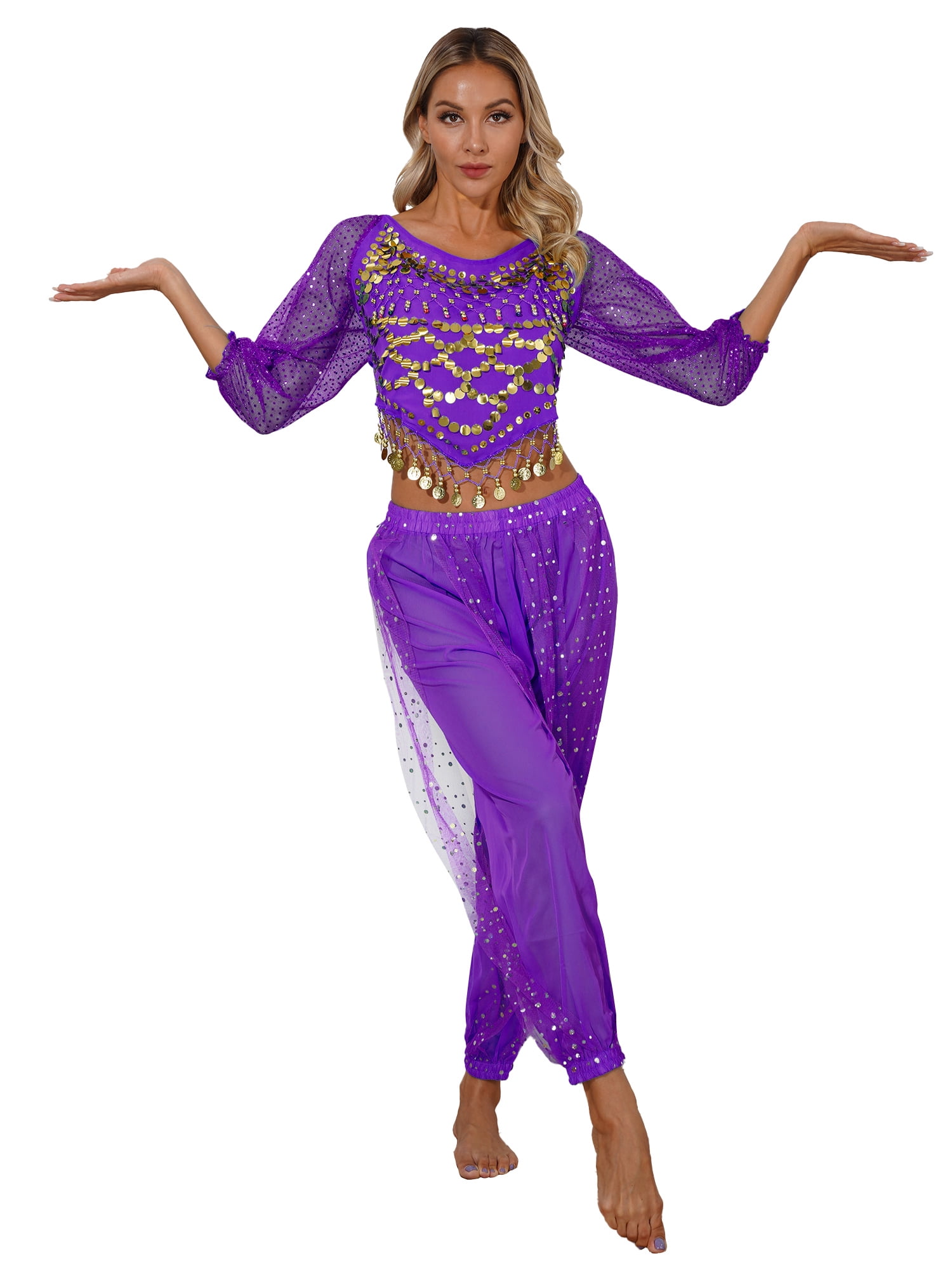 TiaoBug Belly Dance Costume Set for Women Sequined Long Sleeve Self-tie ...