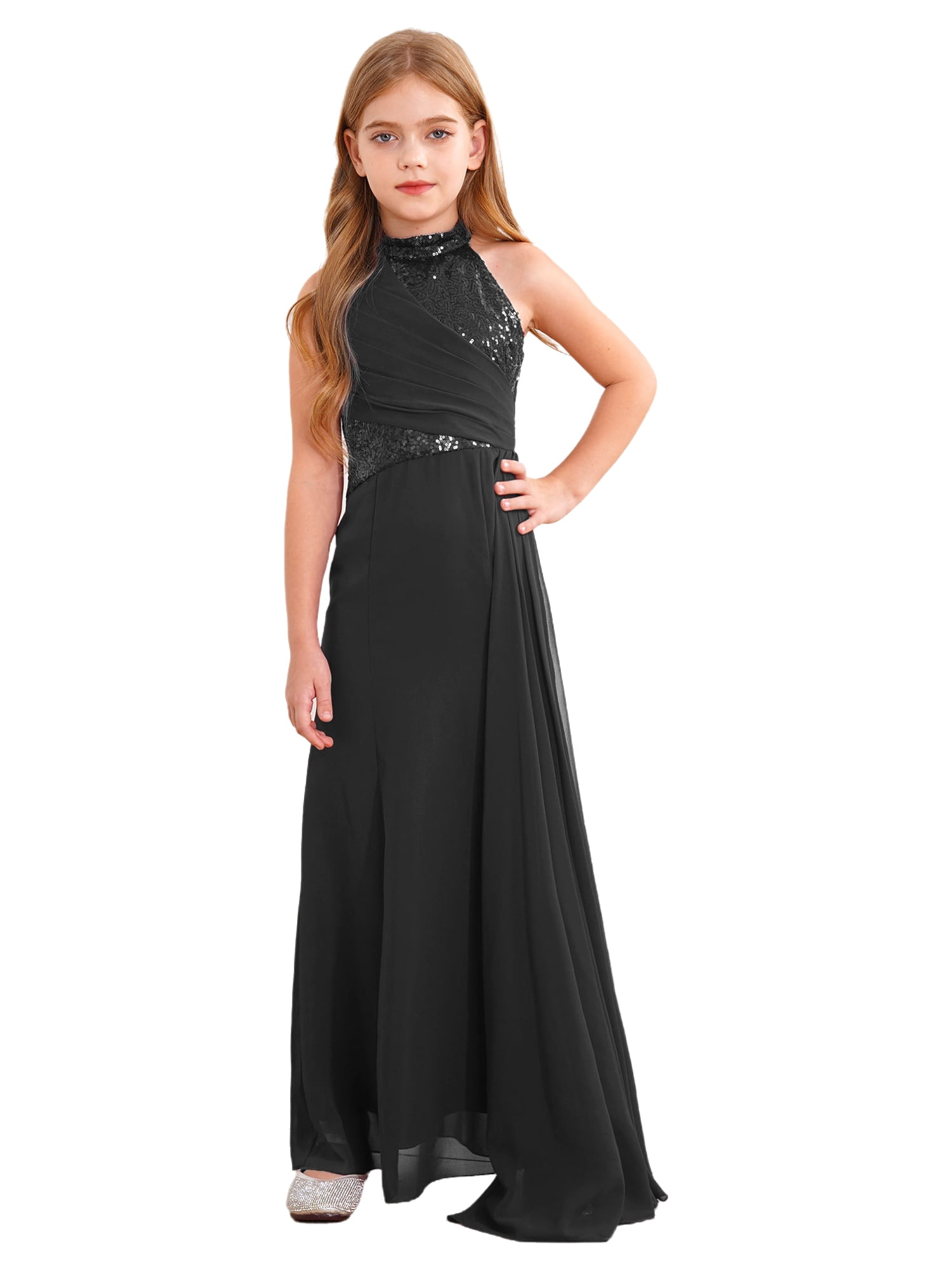 TiaoBug Flower Girls Halter Neck Sequin Wedding Pageant Maxi Dress Kids ...