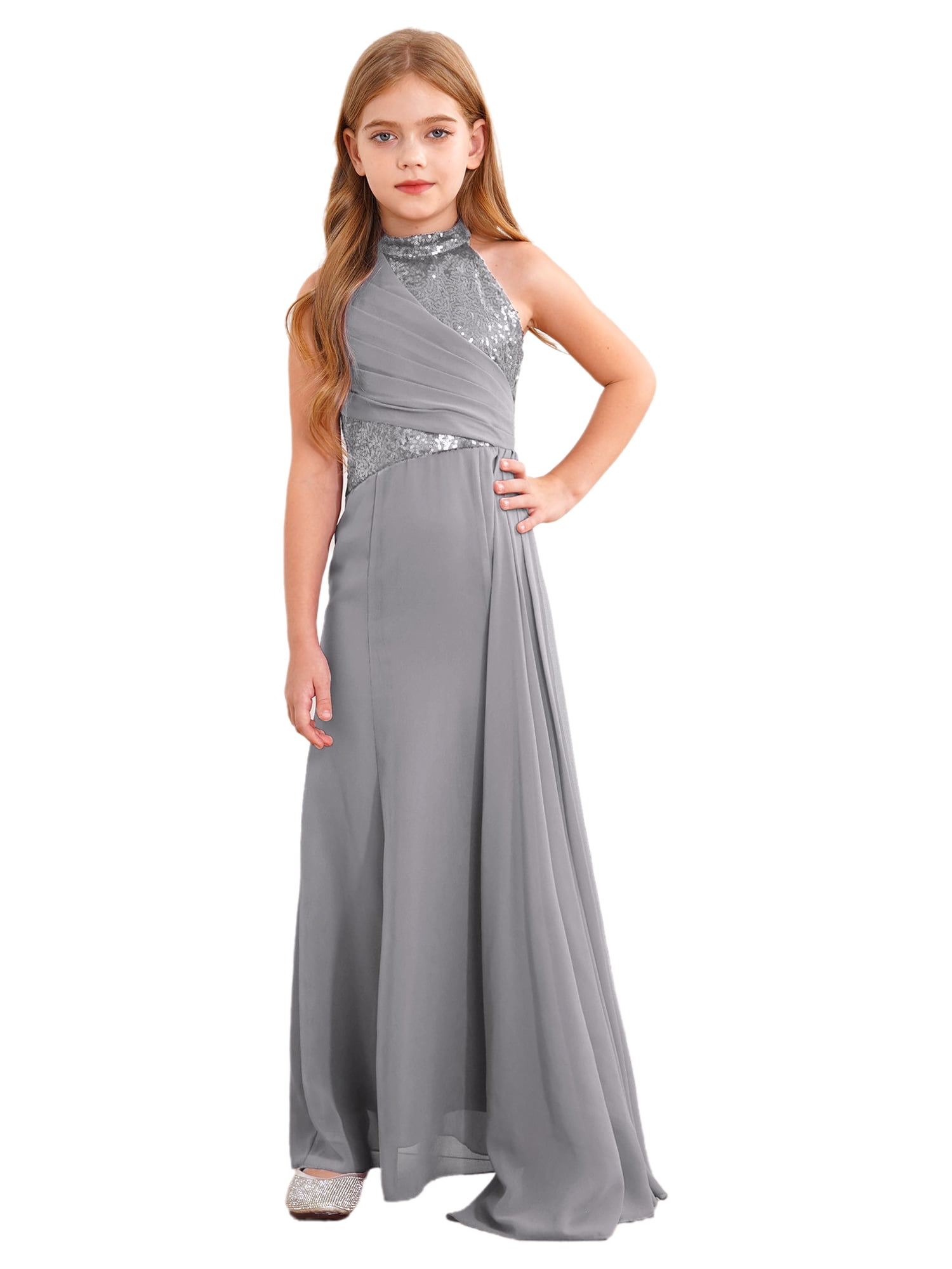 TiaoBug Flower Girls Halter Neck Sequin Wedding Pageant Maxi Dress Kids ...