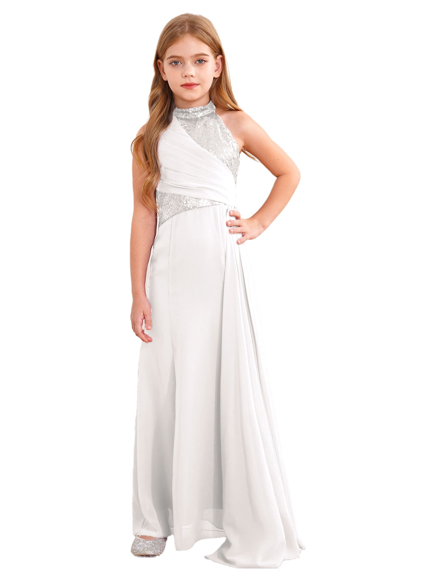 TiaoBug Flower Girls Halter Neck Sequin Wedding Pageant Maxi Dress Kids ...