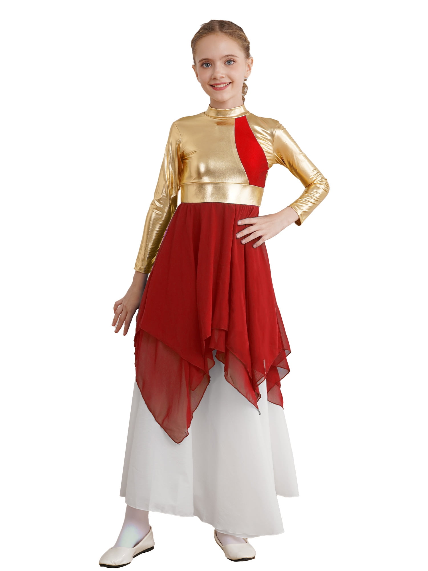 TiaoBug Girl's Metallic Long Sleeve Praise Dance Dress Liturgical ...
