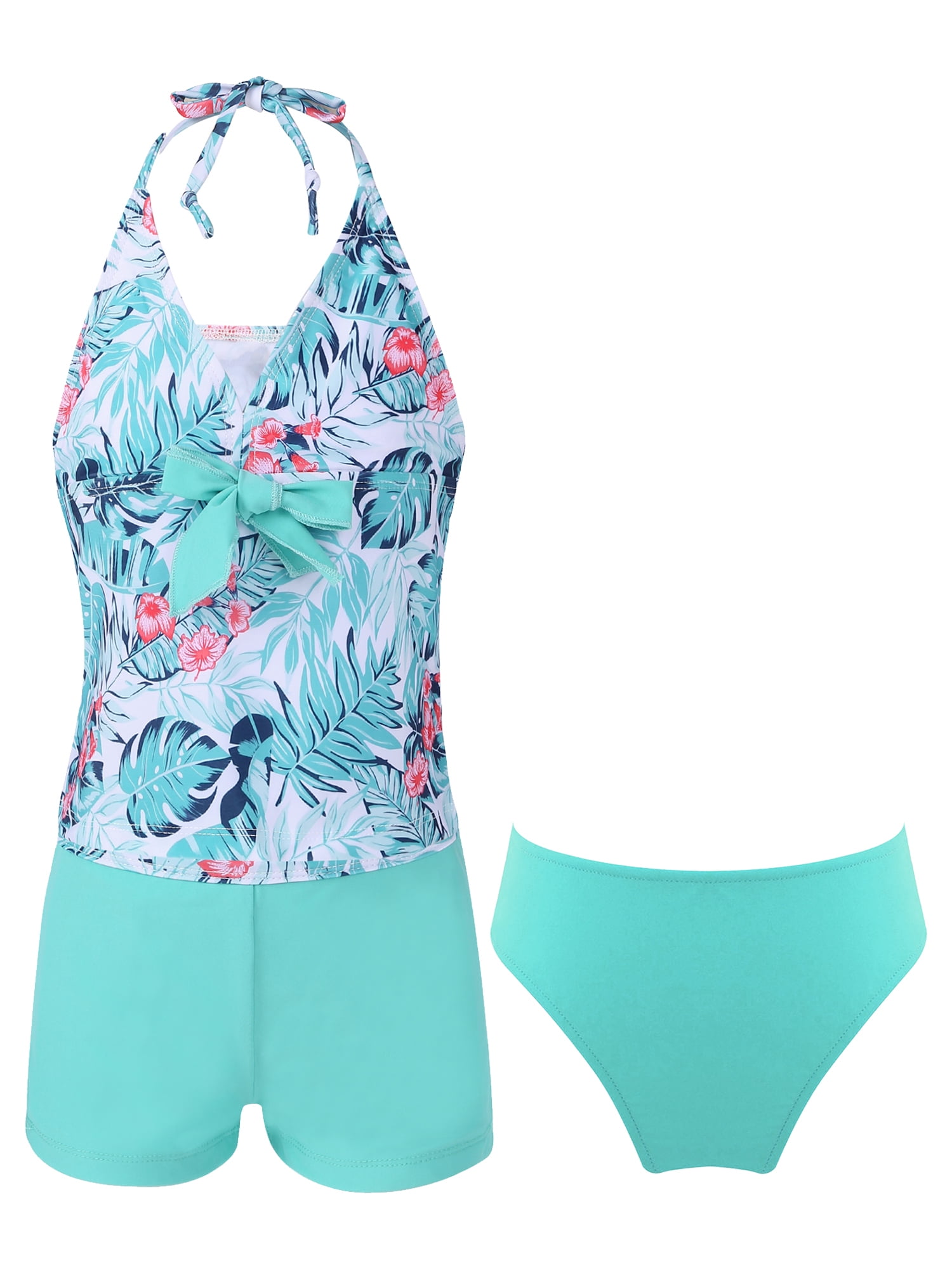 TiaoBug Girls 3 Pcs Floral Tankini Sets Kids Halter Printed Padded Tops ...