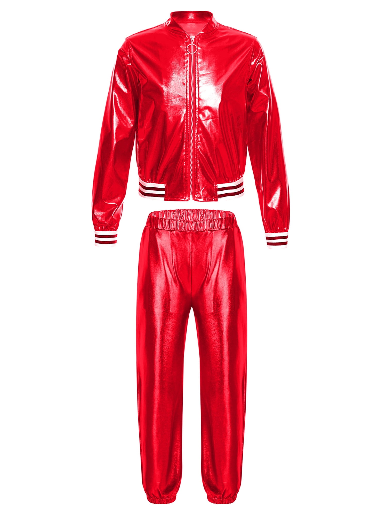TiaoBug Girls Boys Shiny Hip Hop Street Dance Outfits Metallic Zipper ...