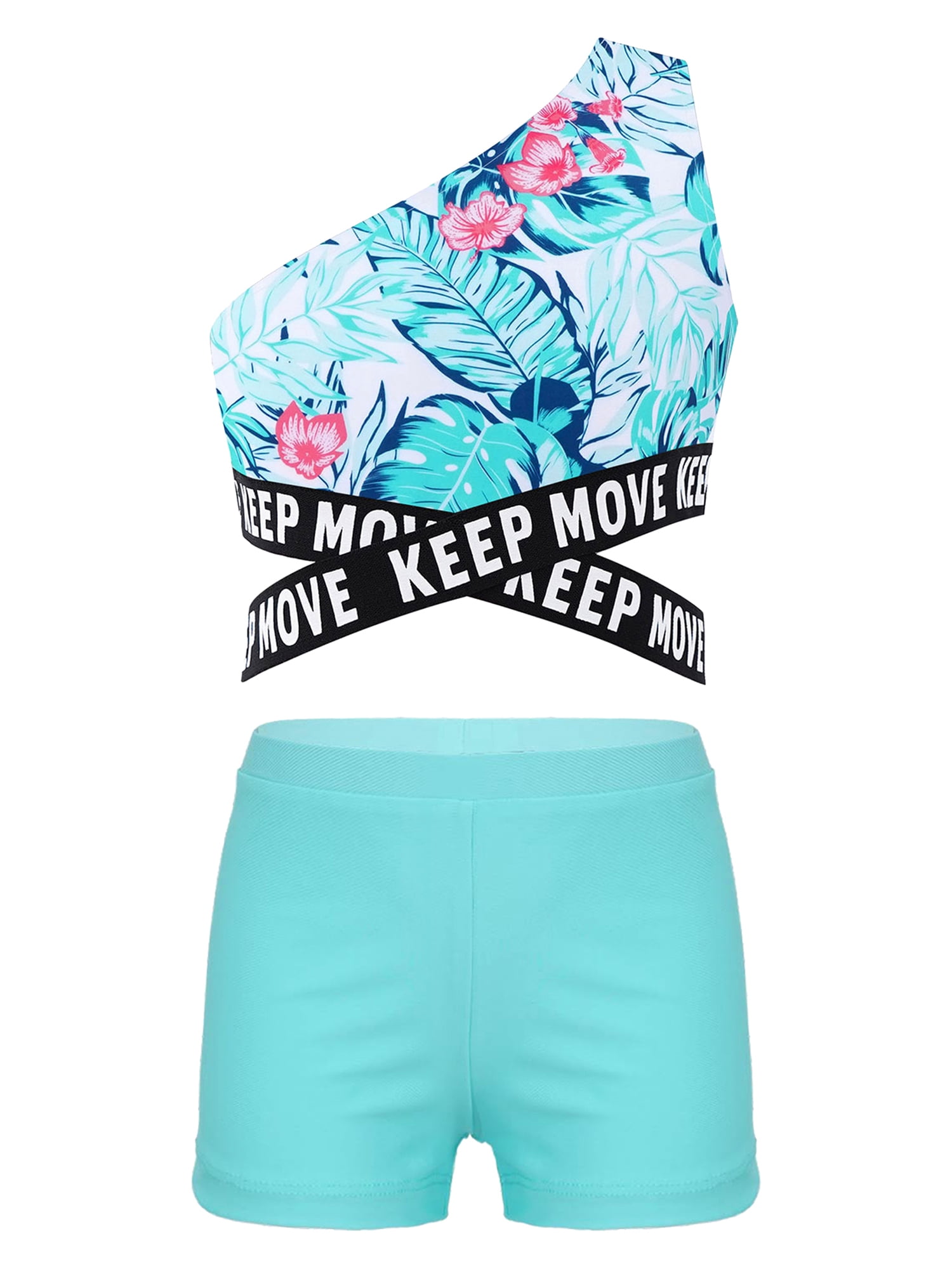 TiaoBug Girls Cartoon Printed Swimwear One Shoulder Crop Top with ...