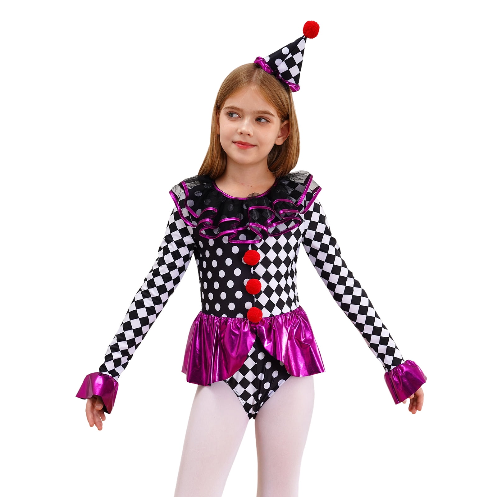 TiaoBug Girls Clown Bodysuit with Hat for Kids Funny Circus Joker Dress ...