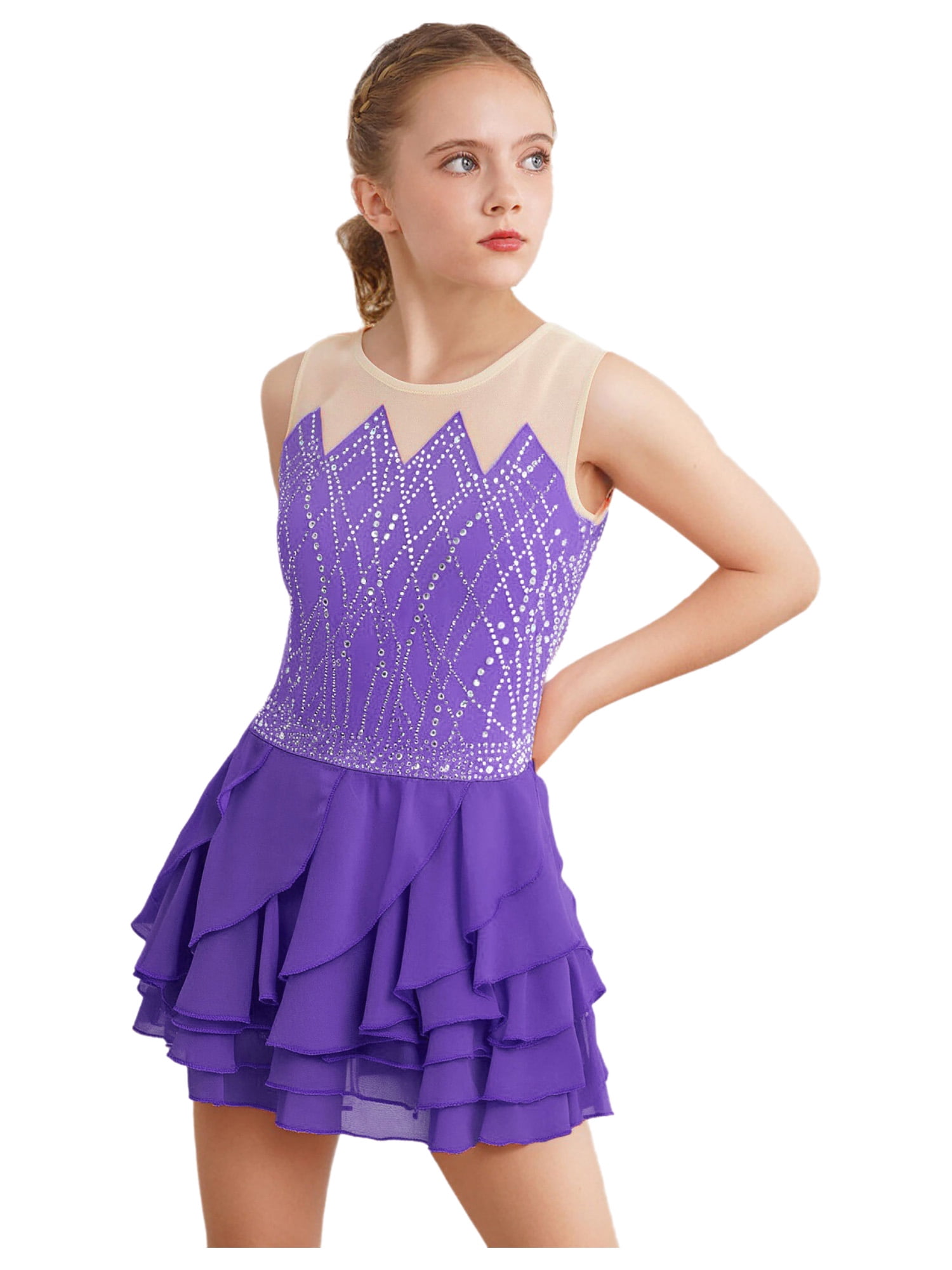 TiaoBug Girls Figure Skating Dress Ballet Dance Tutu Dress Shiny Rhinestones Ruffled Lyrical ...
