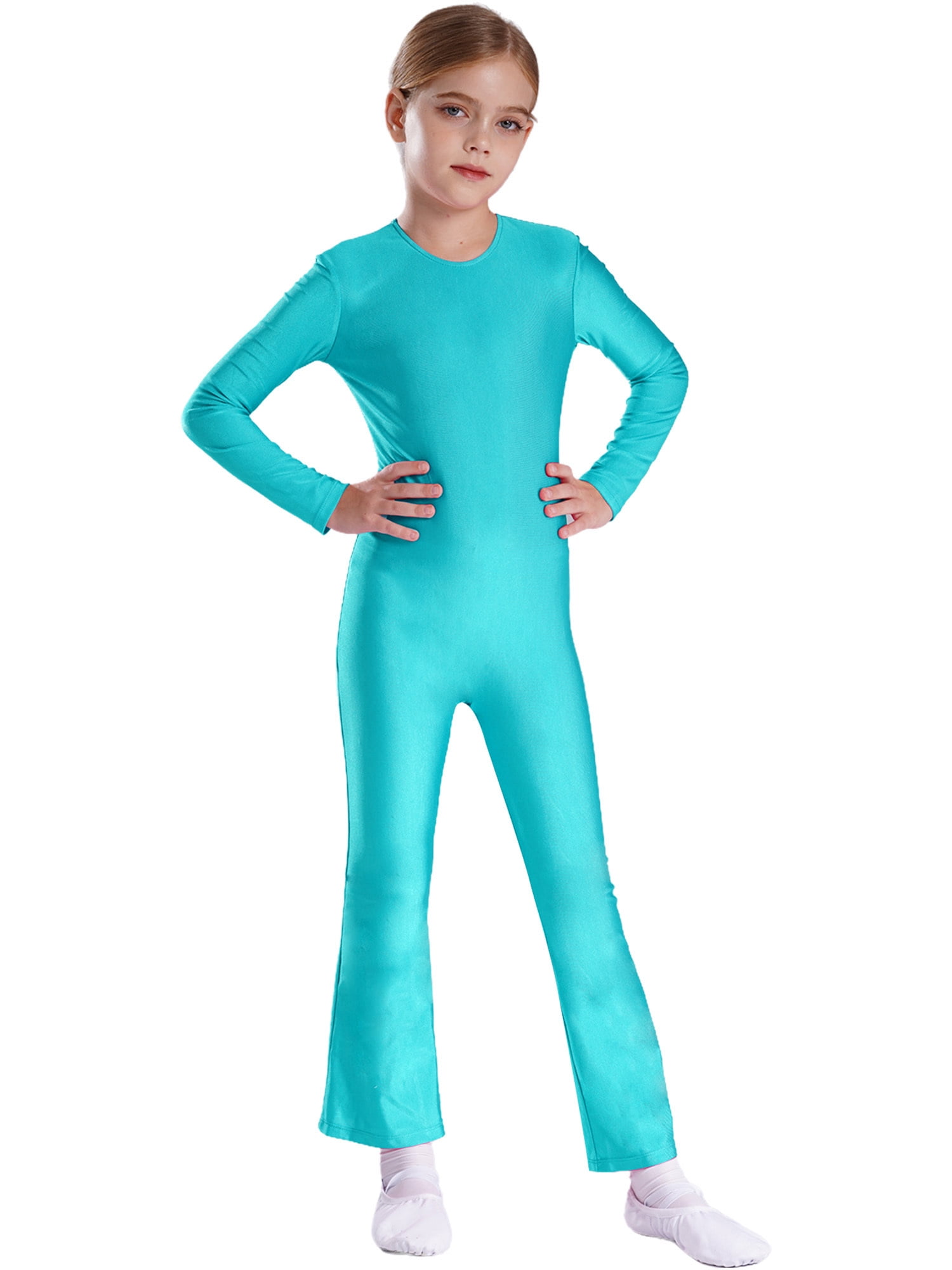 TiaoBug Girls Gymnastics Jumpsuit Full Body Bell Bottom Catsuit ...
