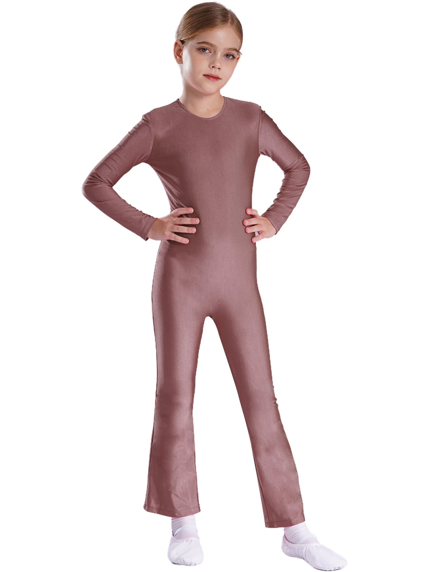 TiaoBug Girls Gymnastics Jumpsuit Full Body Bell Bottom Catsuit Crewneck Long Sleeve Dance ...
