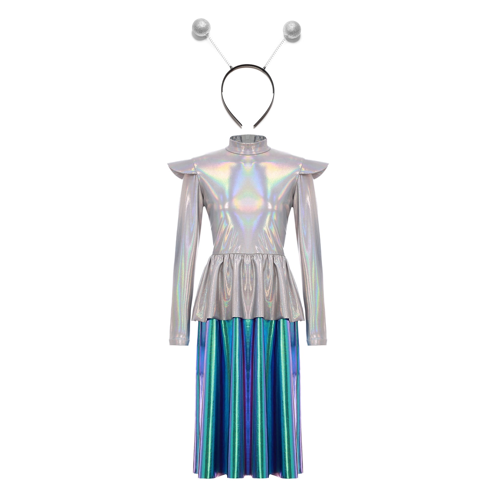TiaoBug Girls Halloween Alien Costume Shiny Metallic Dress with Hair ...